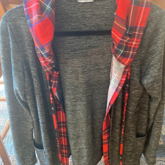 Tops | Egs California Grey And Red Plaid Knit Cardigan | Poshmark
